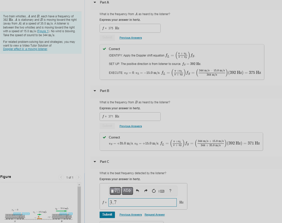 Solved Two train whistles, A and B, ﻿each have a frequency | Chegg.com