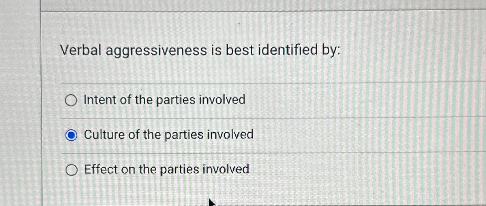 Solved Verbal aggressiveness is best identified by:Intent of | Chegg.com