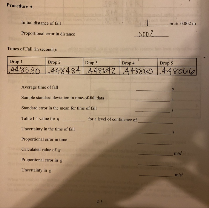 Solved Procedure A. Initial distance of fall m. 0.002 m | Chegg.com