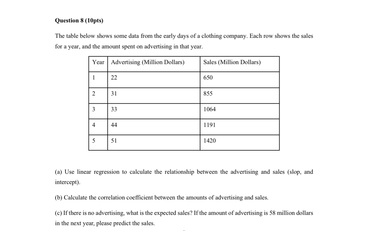 Question 8 (10pts)The table below shows some data | Chegg.com