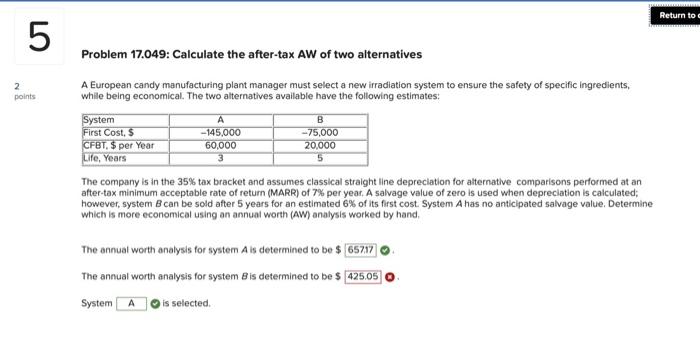 Solved Return Toc 5 Problem 17 049 Calculate The After Tax