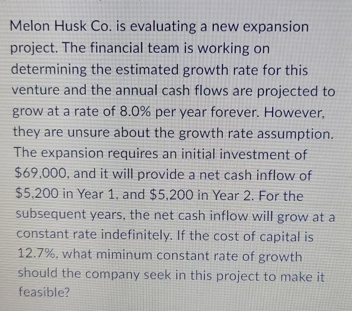 Solved Melon Husk Co. is evaluating a new expansion project. | Chegg.com