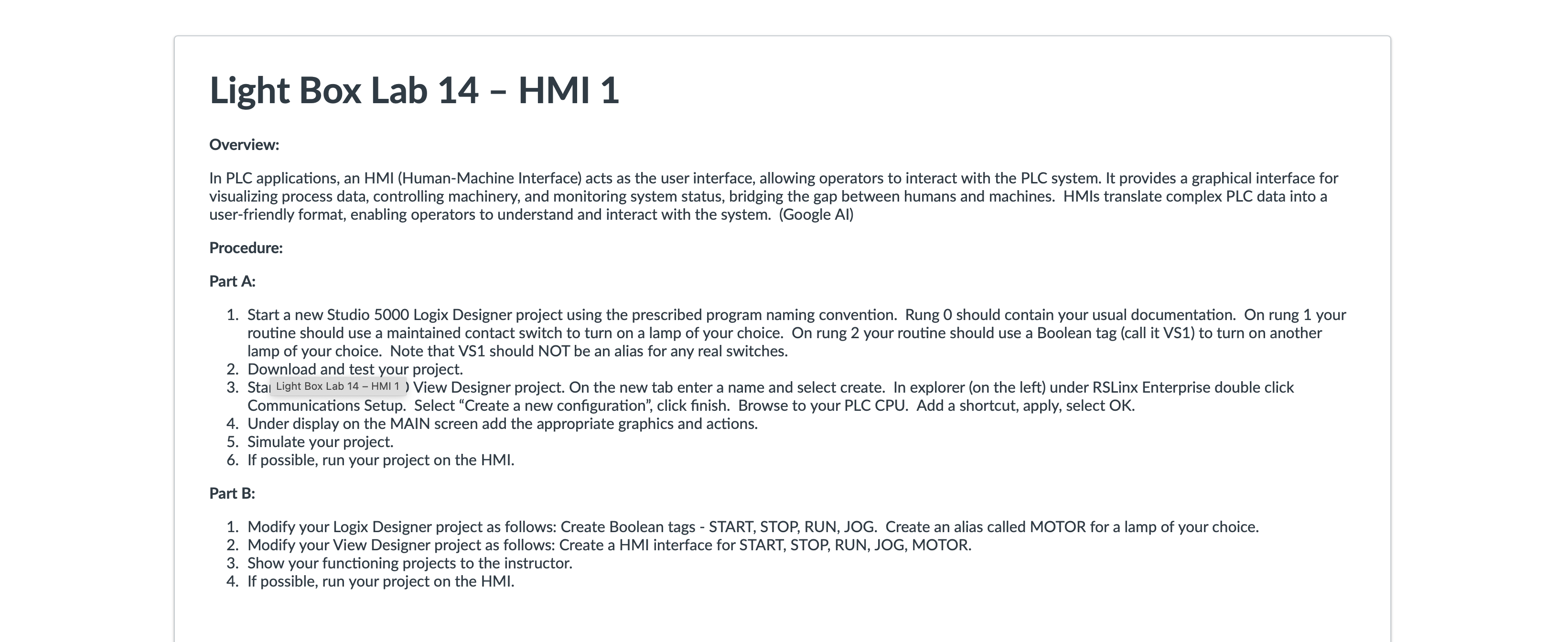 Light Box Lab 14 - ﻿HMI 1 ﻿Overview: In PLC | Chegg.com