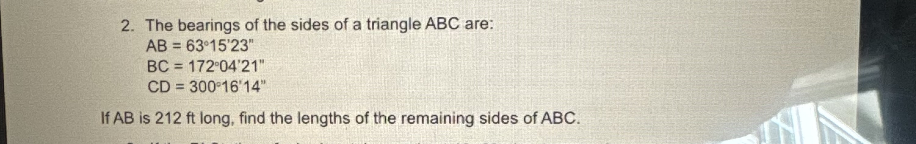 Solved The bearings of the sides of a triangle ABC | Chegg.com