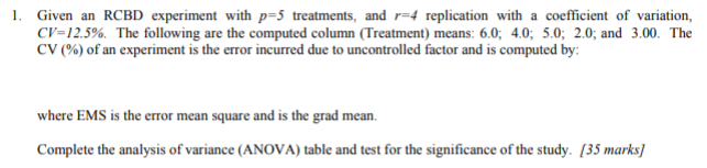 Solved 1. Given an RCBD experiment with p=5 treatments, and | Chegg.com