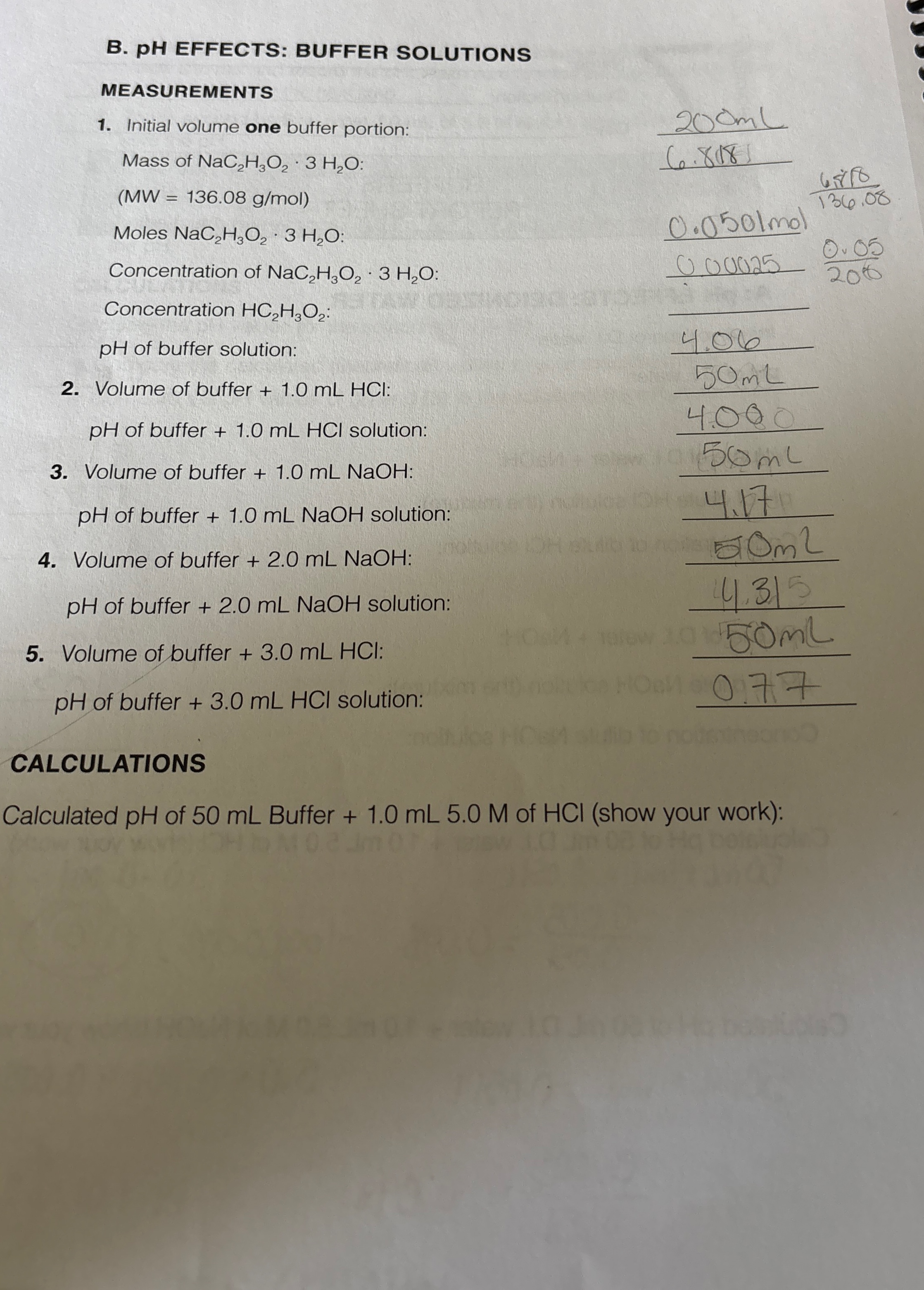 Solved B. ﻿pH EFFECTS: BUFFER SOLUTIONSMEASUREMENTSInitial | Chegg.com