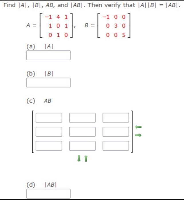 Solved Find ∣A∣,∣B∣,AB, and ∣AB∣. Then verify that | Chegg.com