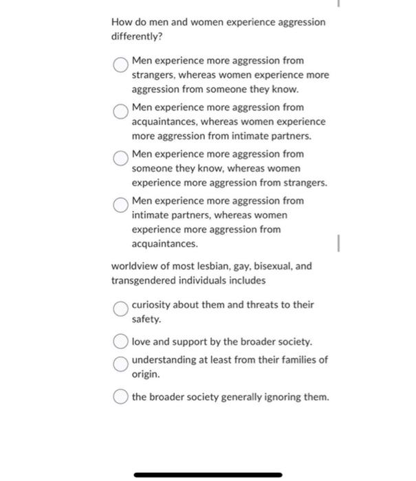Solved How do men and women experience aggression | Chegg.com