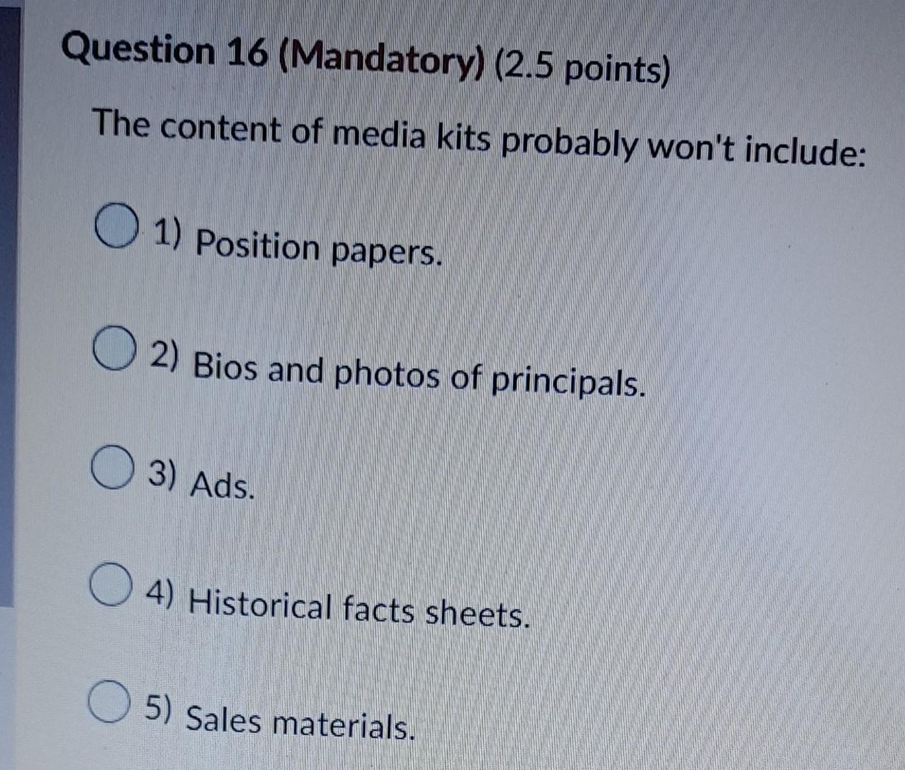 Question 16 (Mandatory) ( 2.5 points) The content of | Chegg.com