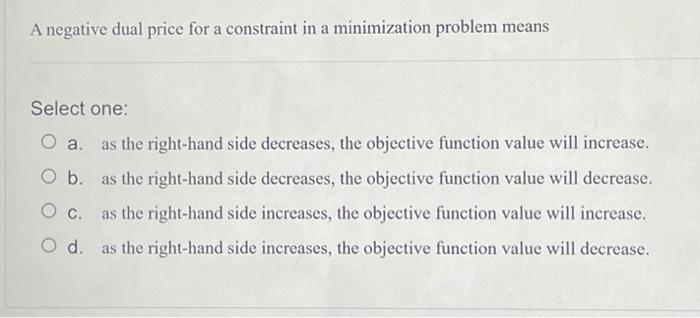 Solved A negative dual price for a constraint in a | Chegg.com