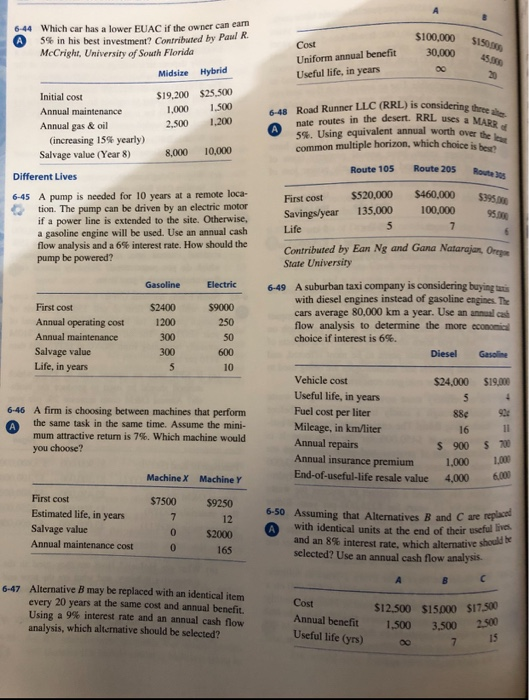 Solved 6-44 Which car has a lower EUAC if the owner can ean | Chegg.com