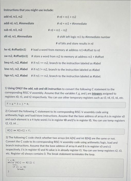Solved Instructions that you might use include: addrd, rs1, | Chegg.com