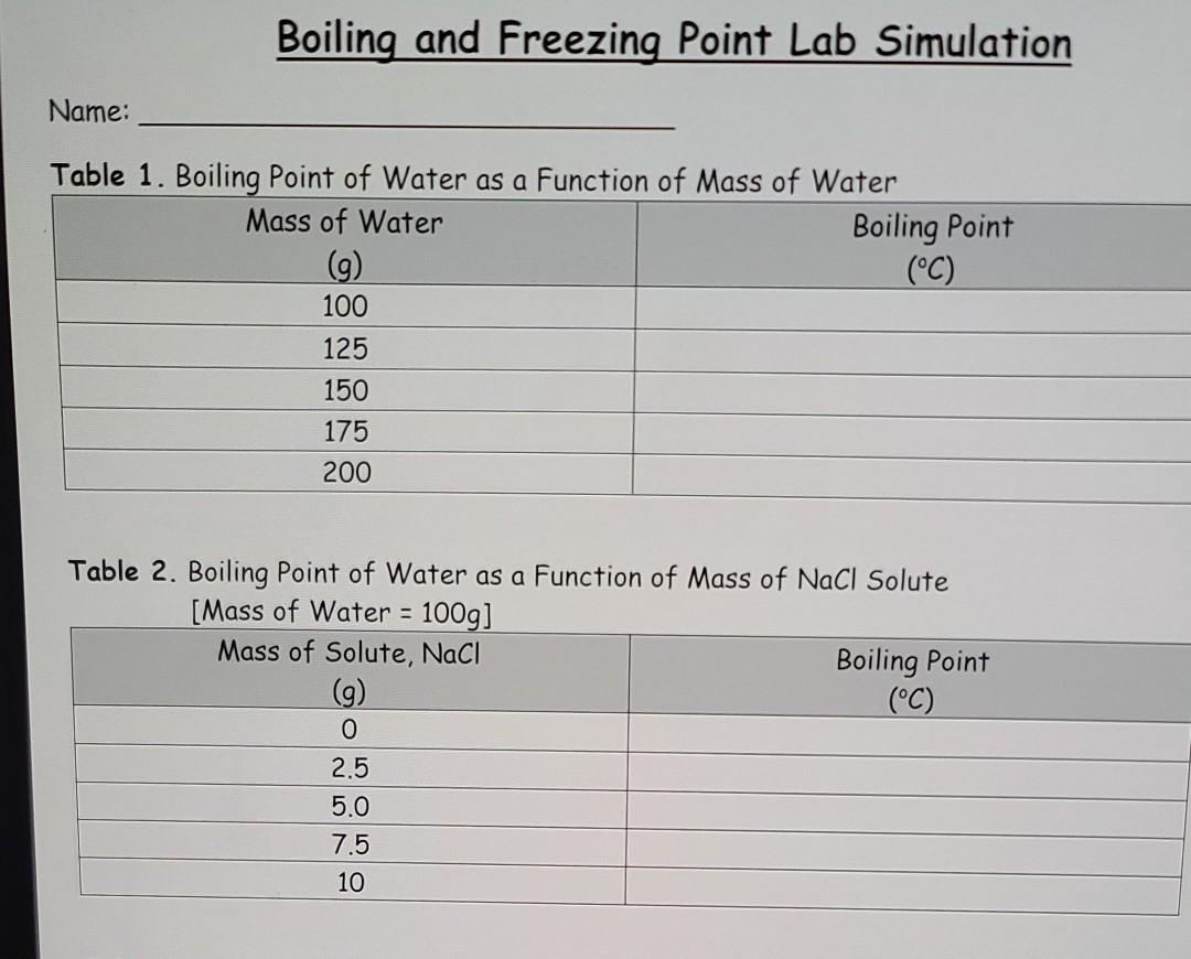 Solved Boiling and Freezing Point Lab Simulation Name: Table | Chegg.com