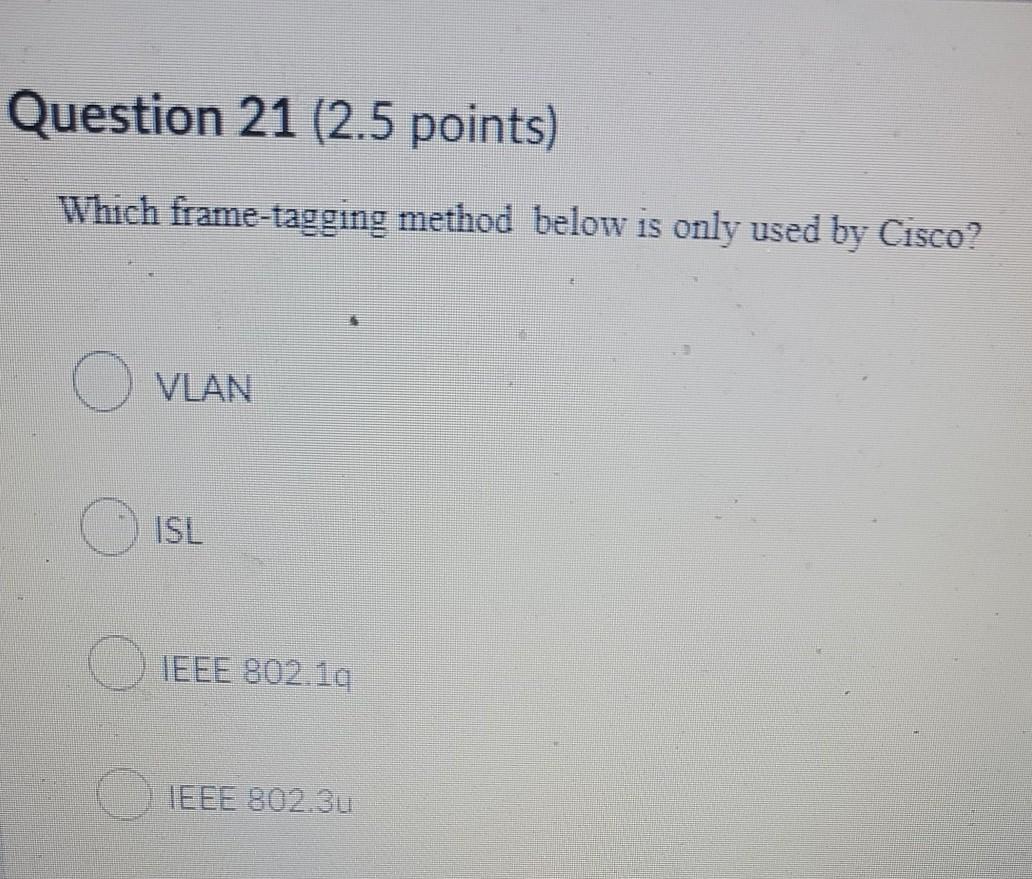 Solved Question 21 (2.5 points) Which frame-tagging method | Chegg.com