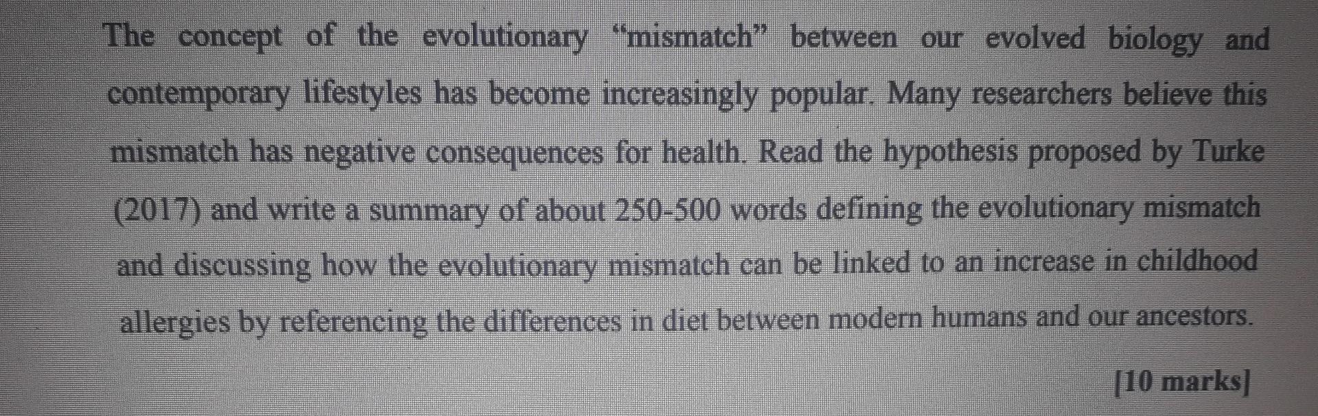 Solved The concept of the evolutionary "mismatch” between | Chegg.com