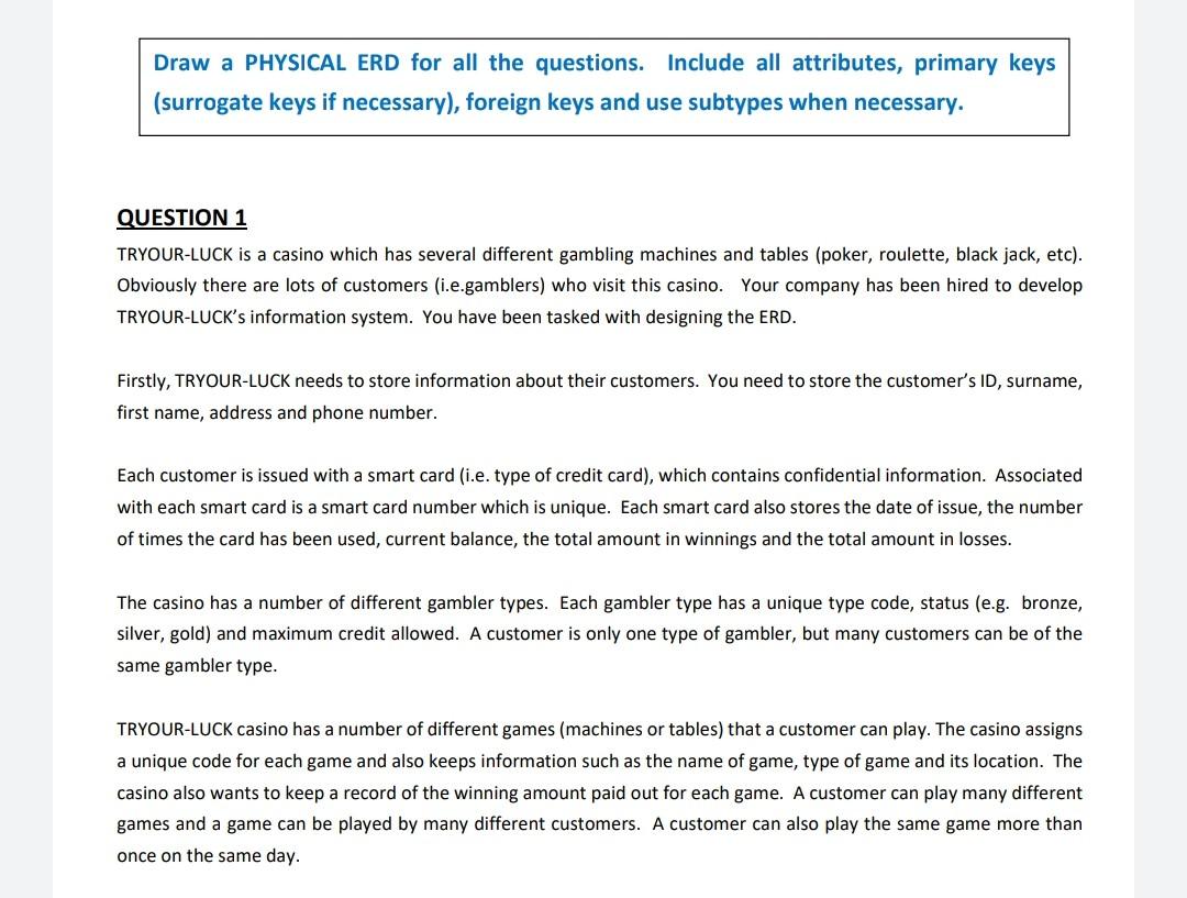 Solved Draw a PHYSICAL ERD for all the questions. Include | Chegg.com