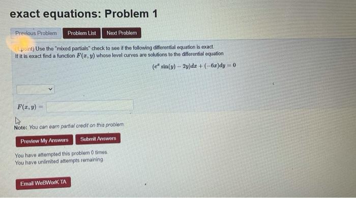 Solved exact equations: Problem 1 Previous Problem Problem | Chegg.com
