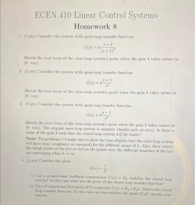 Solved ECEN.410 Linear Control Systems Homework 8 1. ( 5 | Chegg.com