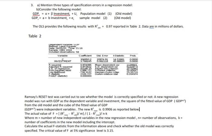 Solved 3. a) Mention three types of specification errors in | Chegg.com