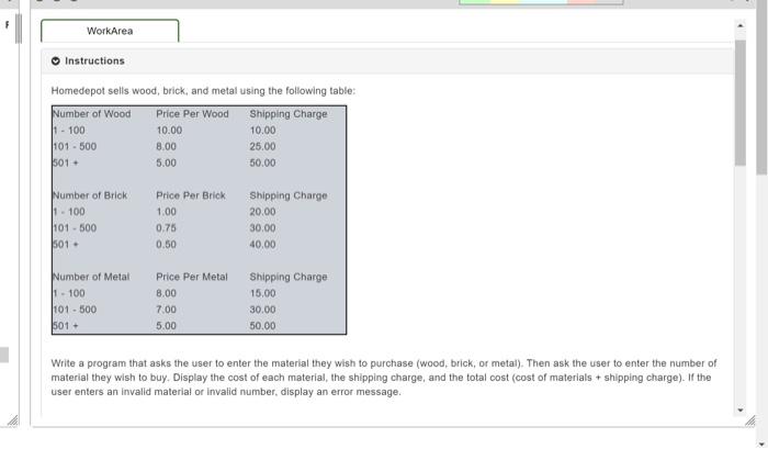 Solved WorkArea Instructions Homedepot sells wood, brick, | Chegg.com