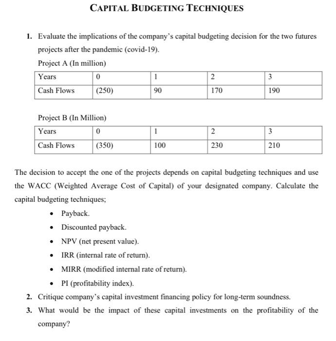 Solved CAPITAL BUDGETING TECHNIQUES 1. Evaluate the | Chegg.com