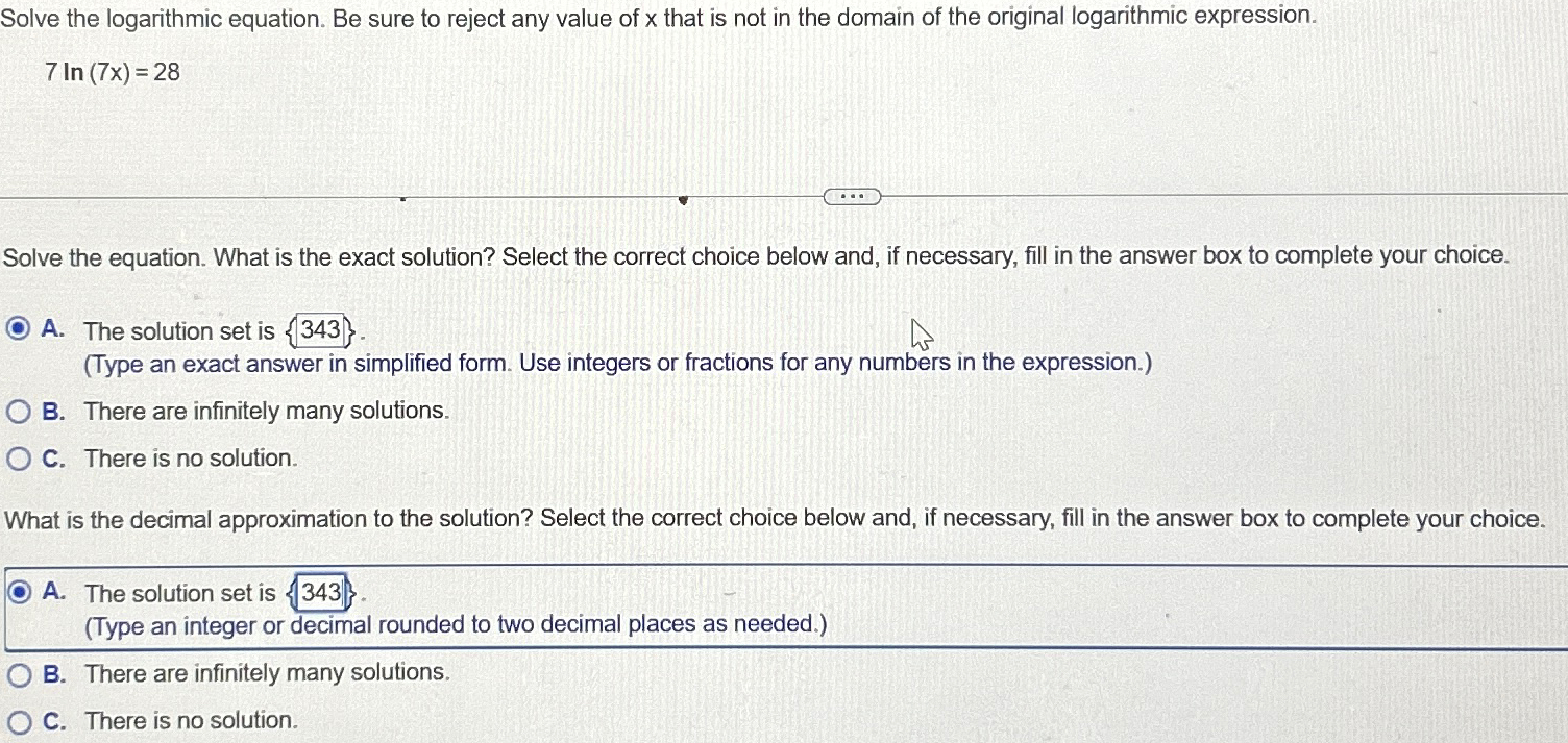 Solved Solve the logarithmic equation. Be sure to reject any | Chegg.com
