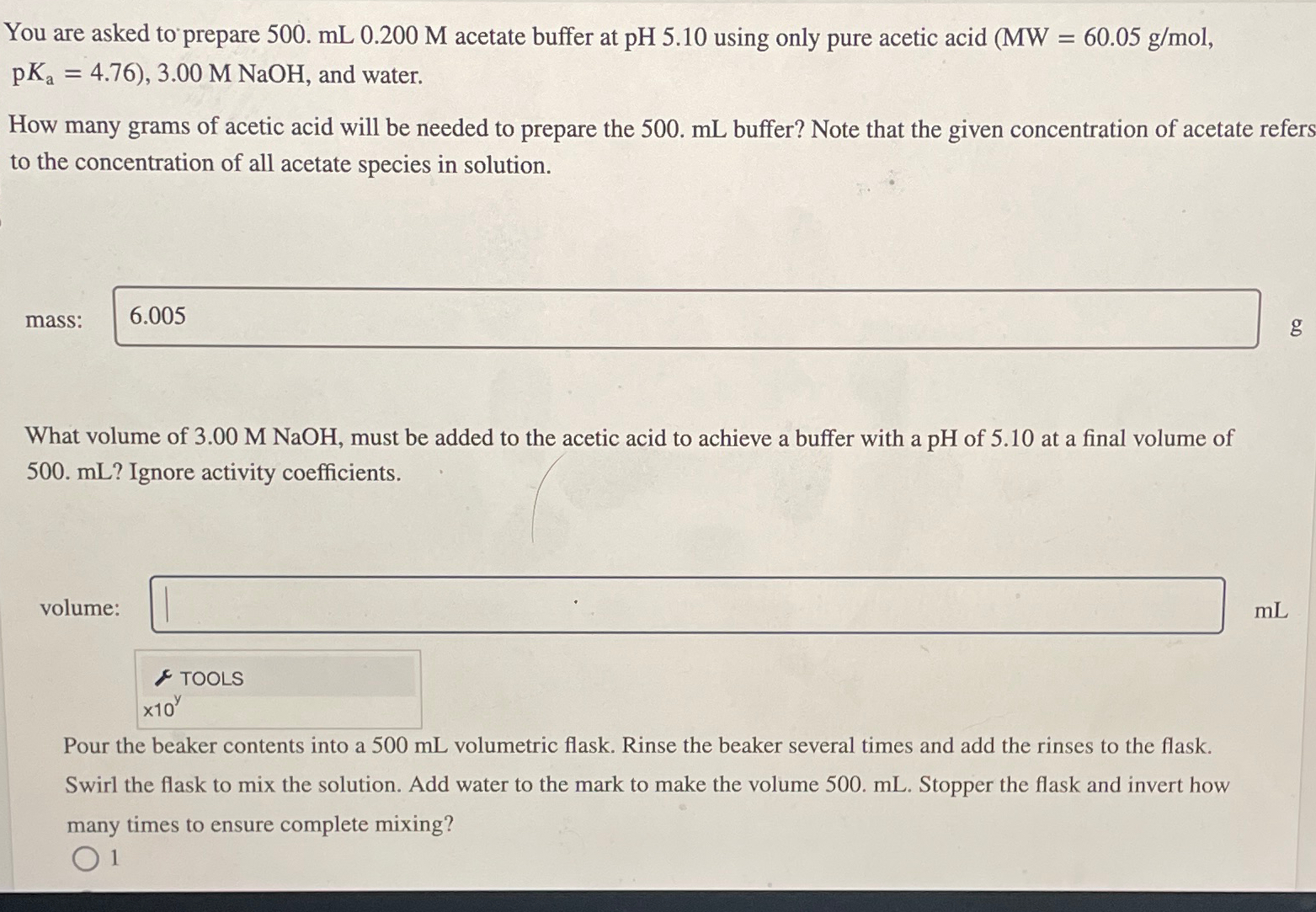 Solved You are asked to prepare 500.mL0.100M ﻿acetate buffer | Chegg.com