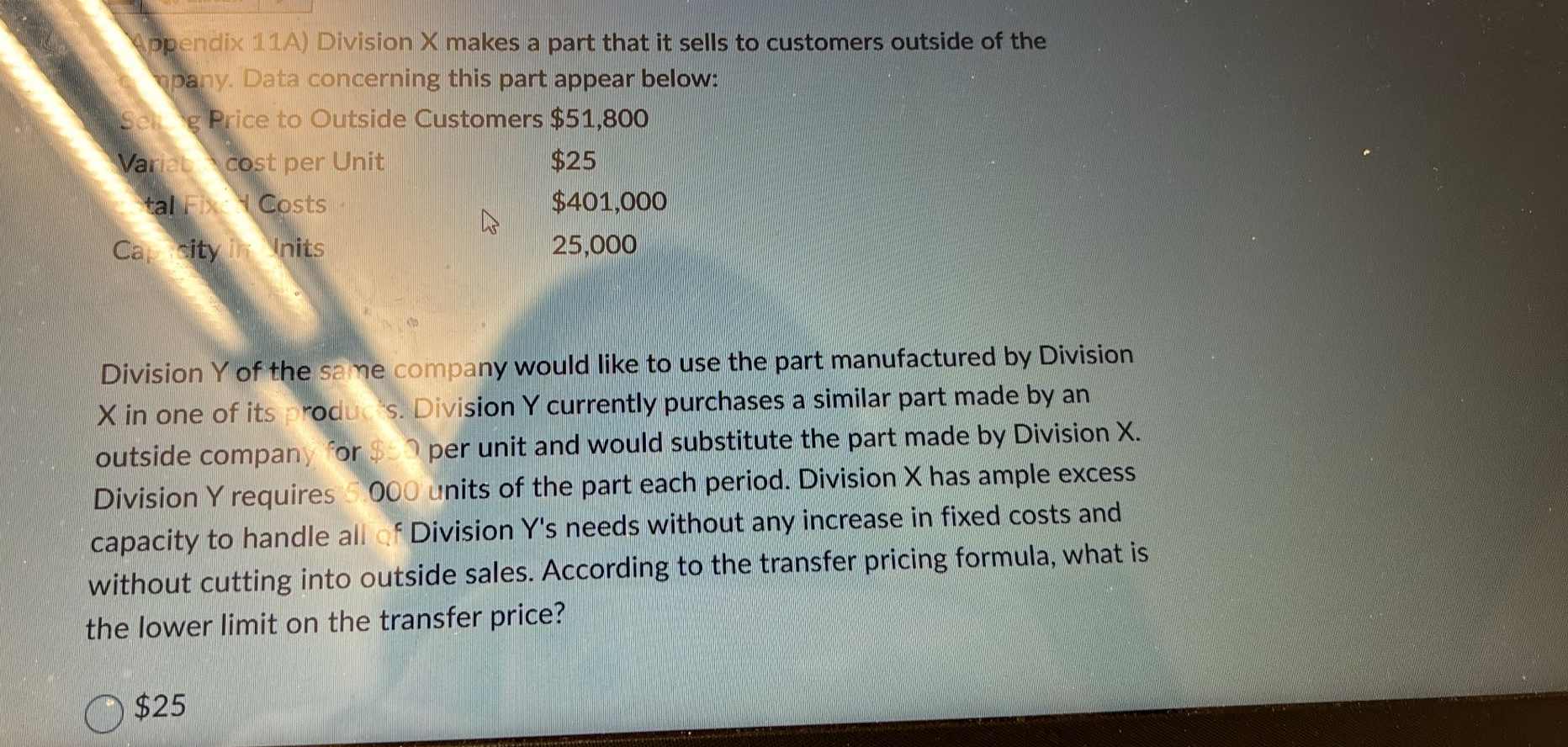 Solved Appendix 11A) ﻿Division x ﻿makes a part that it sells | Chegg.com