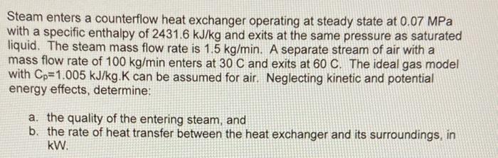 Solved Steam enters a counterflow heat exchanger operating | Chegg.com