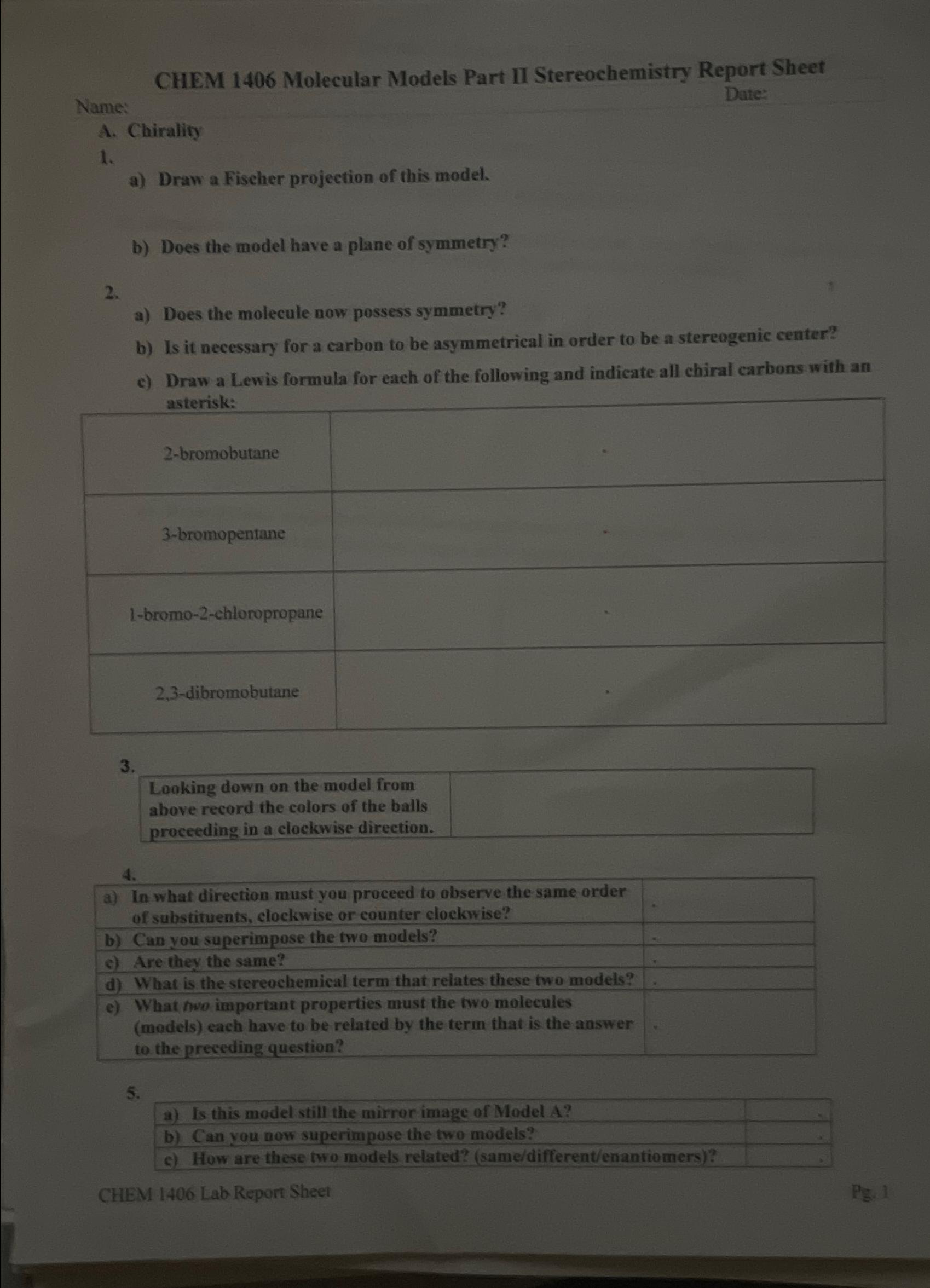Solved CHEM 1406 ﻿Molecular Models Part II Stereochemistry | Chegg.com