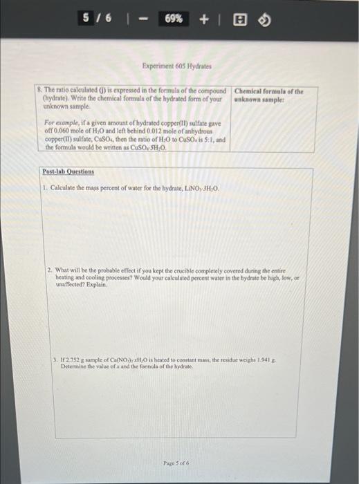 Experiment 605 Hydrates Student Name Student ID | Chegg.com