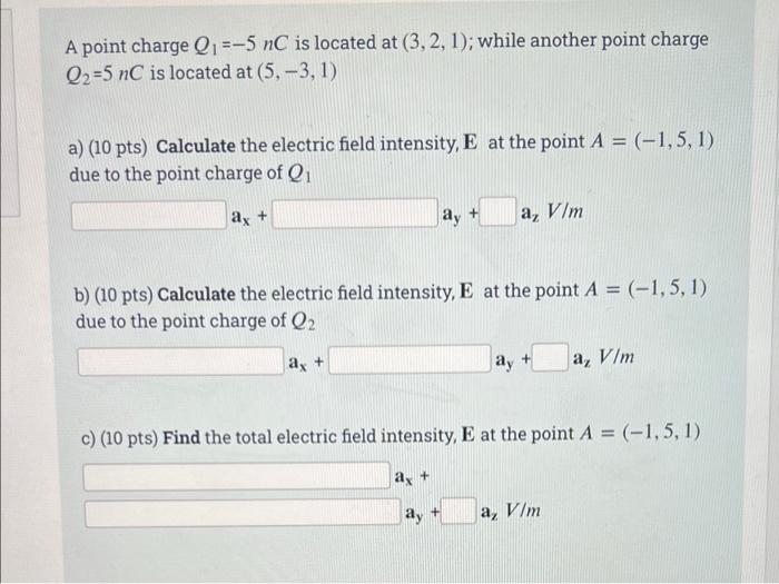 Solved A point charge Q1=-5 nC is located at (3,2,1); while | Chegg.com