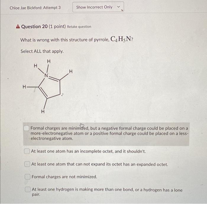 Solved What is wrong with this structure of pyrrole, C4H5 N | Chegg.com