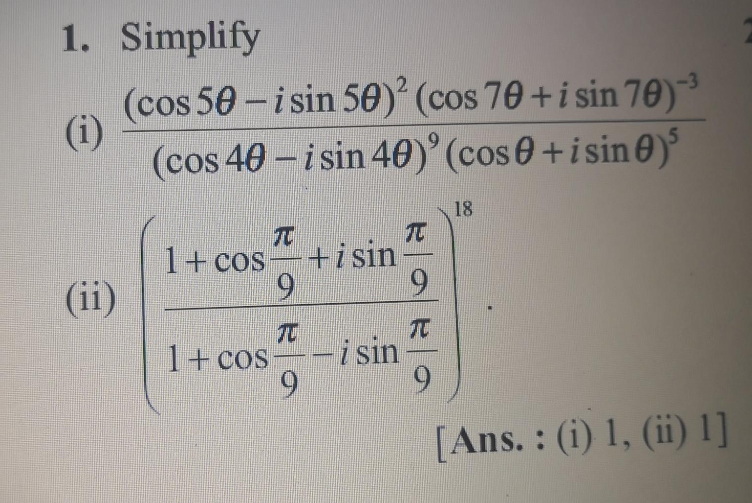 Solved 1. Simplify (cos 50 - isin 50)? (cos 70 + i sin 70)-> | Chegg.com