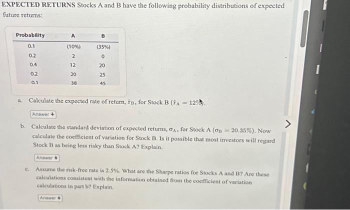 Solved EXPECTED RETURNS Stocks A and B have the following | Chegg.com