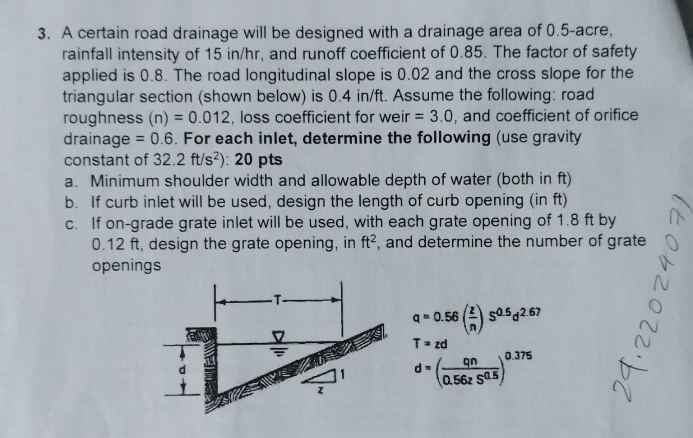 Solved A certain road drainage will be designed with a | Chegg.com