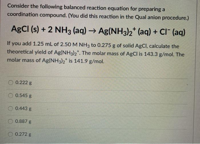 Solved Consider The Following Balanced Reaction Equation For