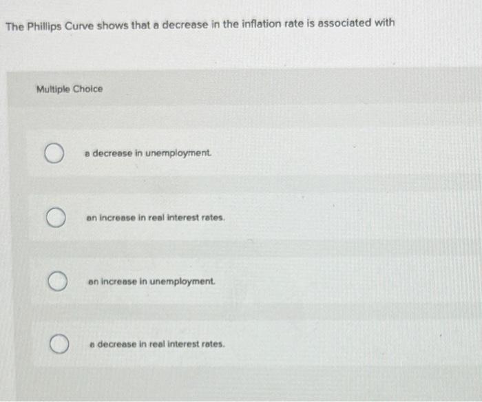 Solved The Phillips Curve shows that a decrease in the | Chegg.com