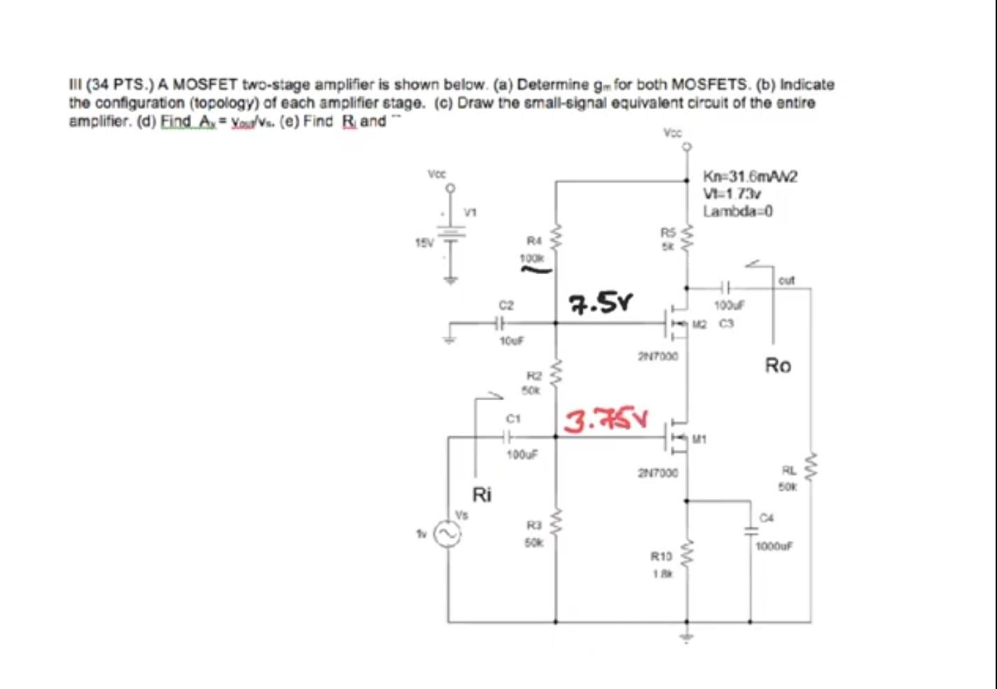 Solved III (34 PTS.) A MOSFET two-stage amplifier is shown | Chegg.com