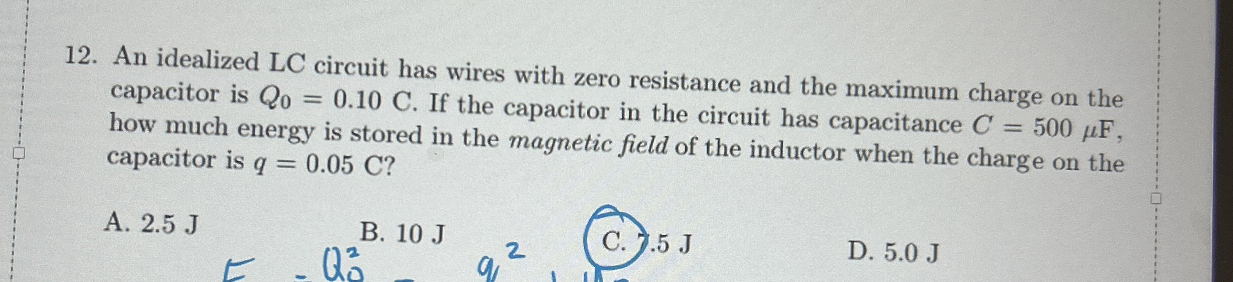 Solved An idealized LC circuit has wires with zero | Chegg.com