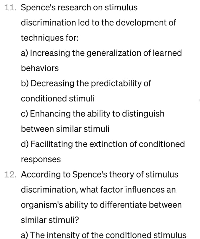 Solved Spence's research on stimulus discrimination led to | Chegg.com