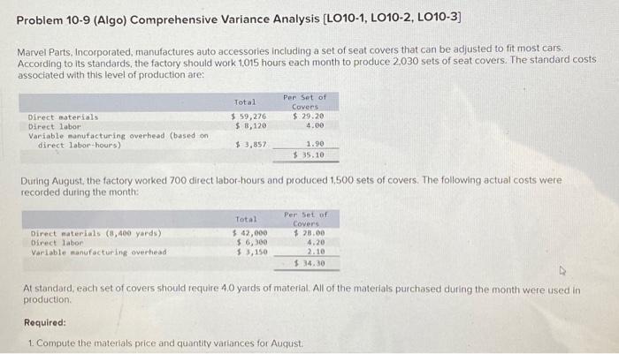 Solved Problem 10-9 (Algo) Comprehensive Variance Analysis | Chegg.com