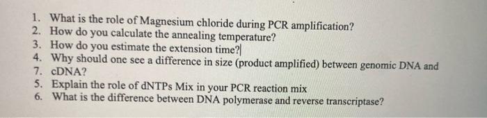 Solved 1. What is the role of Magnesium chloride during PCR | Chegg.com
