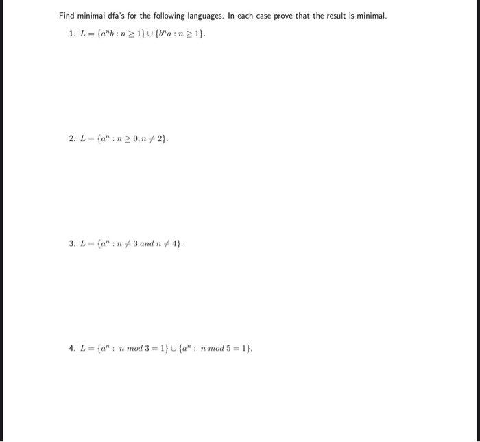 Solved Find minimal dfa's for the following languages. In | Chegg.com