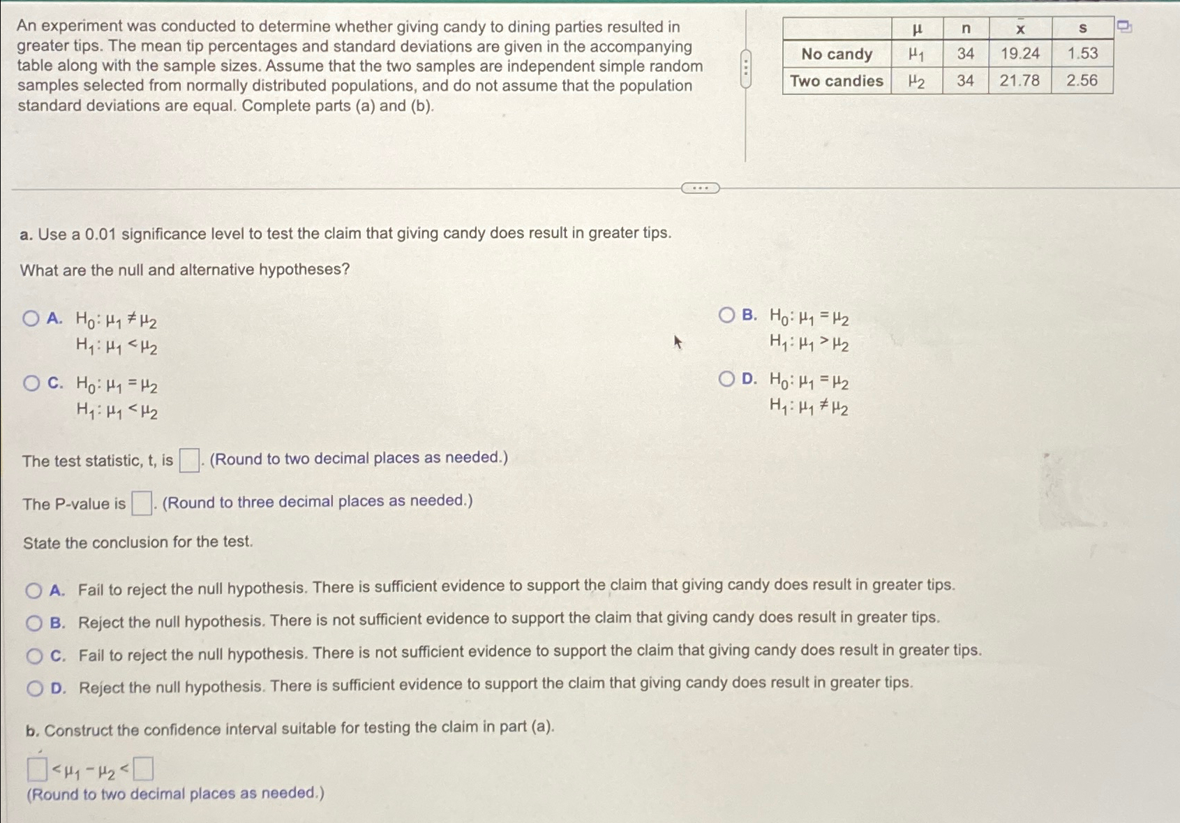 Solved An experiment was conducted to determine whether | Chegg.com
