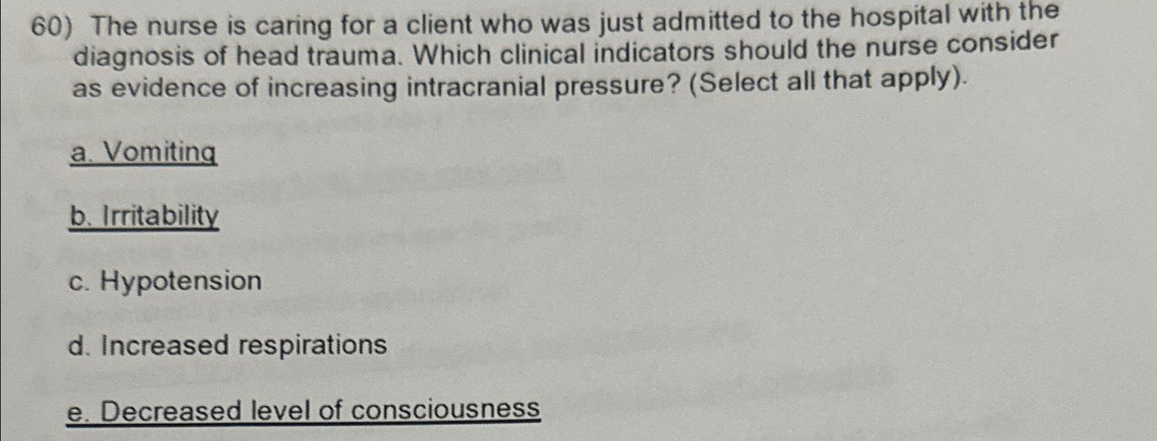 Solved The nurse is caring for a client who was just | Chegg.com