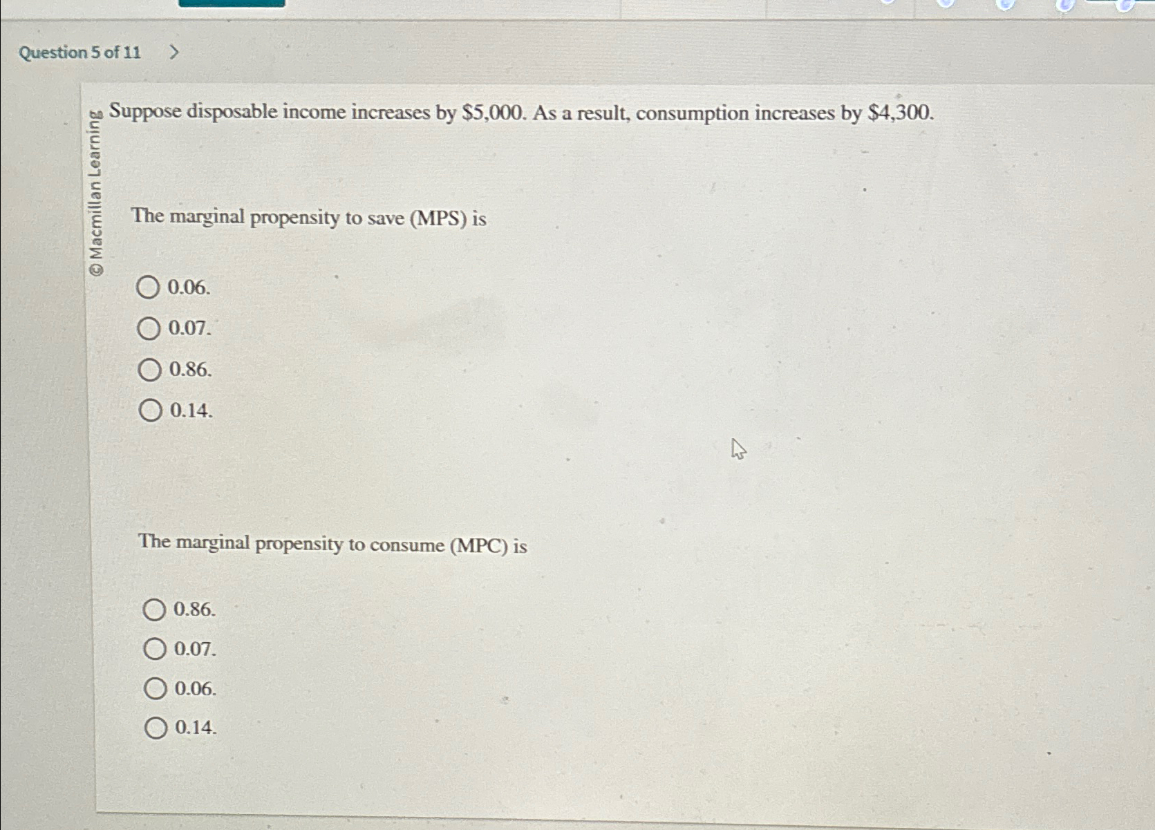 Solved Question 5 ﻿of 11The marginal propensity to save | Chegg.com