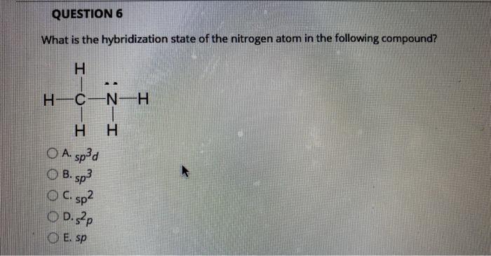 Solved QUESTION 6 What is the hybridization state of the | Chegg.com
