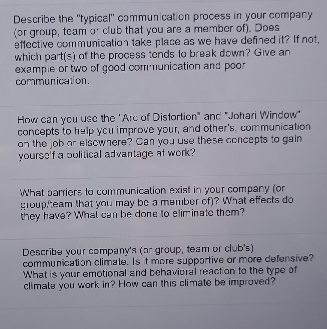 Solved Describe the "typical" communication process in your | Chegg.com