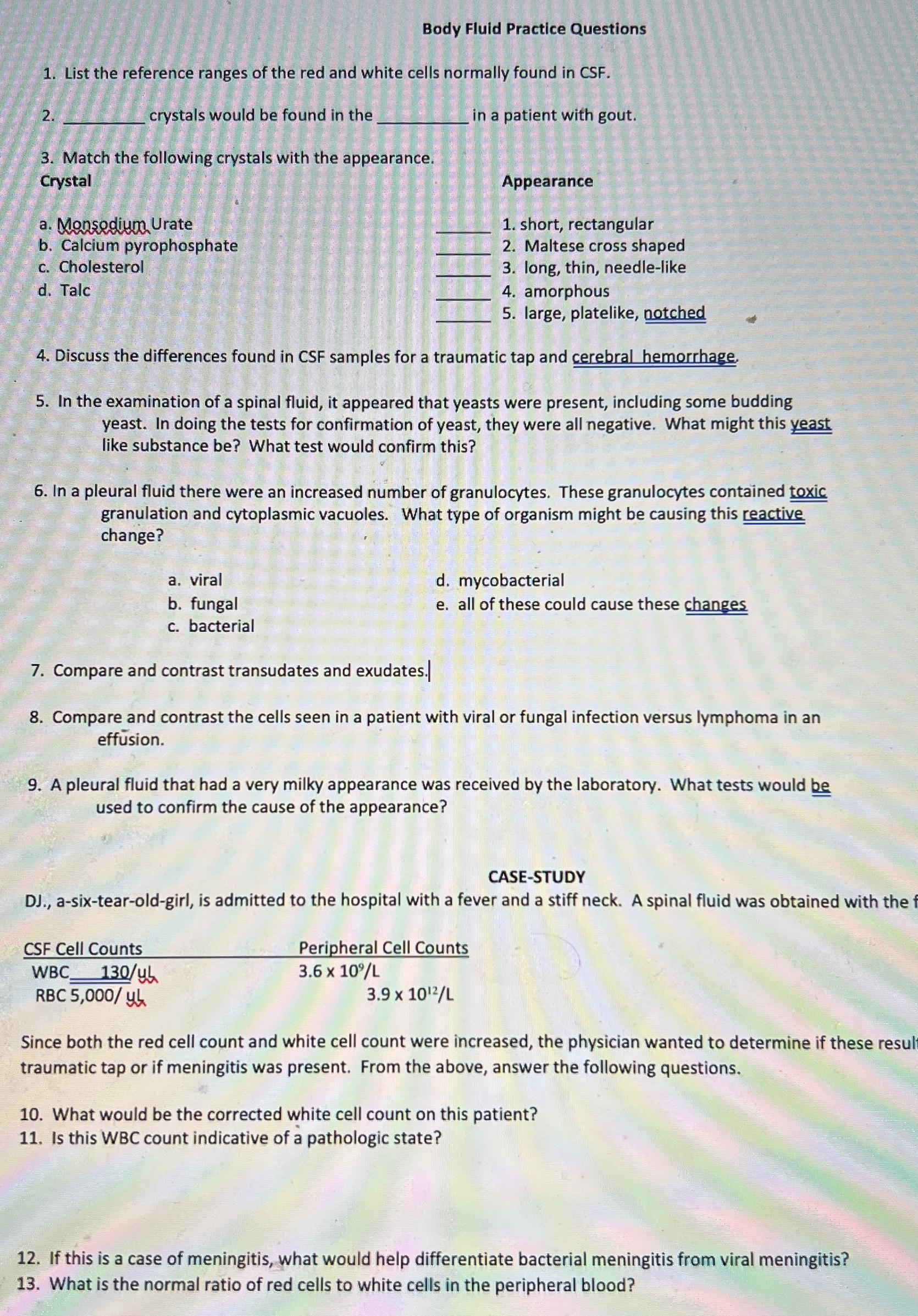 Solved Body Fluid Practice QuestionsList the reference | Chegg.com